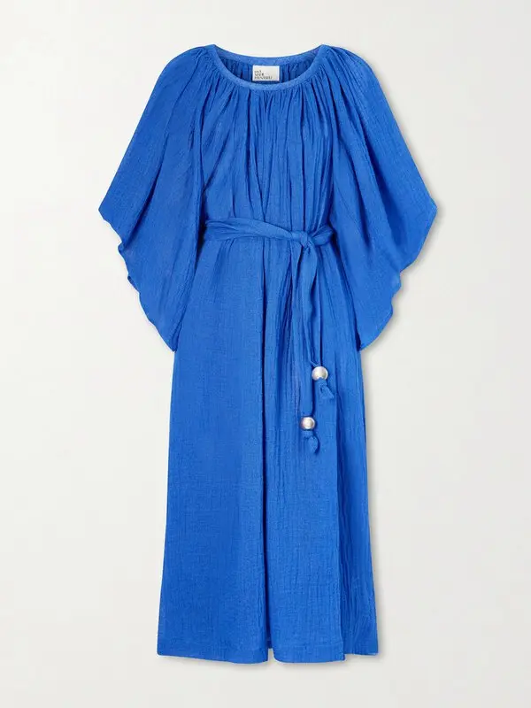 Lisa Marie Fernandez Embellished Belted Crinkled Midi Dress - Blue