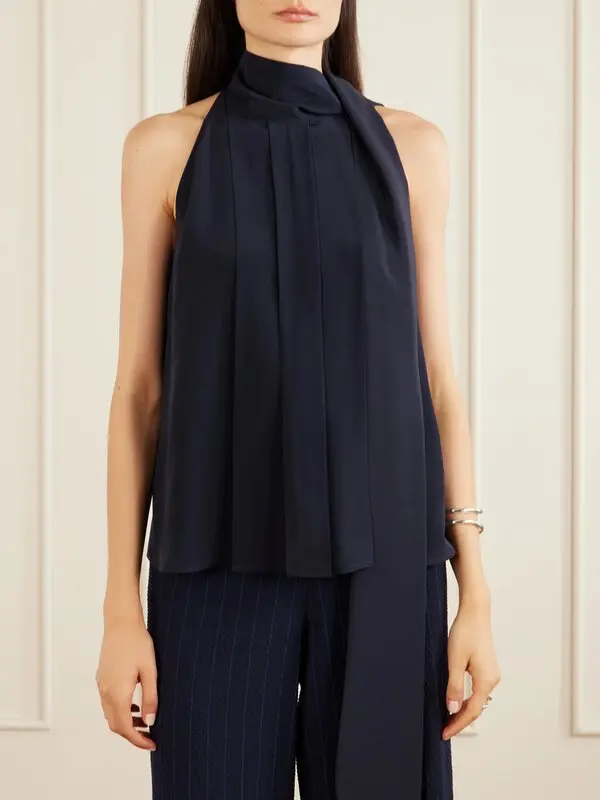 Max Mara Draped Pleated Silk Blouse - Blue