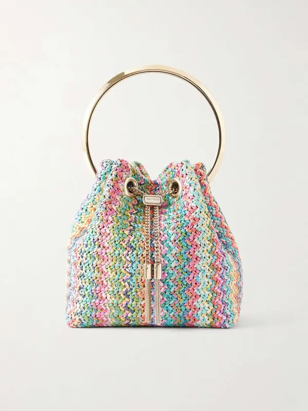 JIMMY CHOO Bon Bon Striped Woven Raffia Bucket Bag
