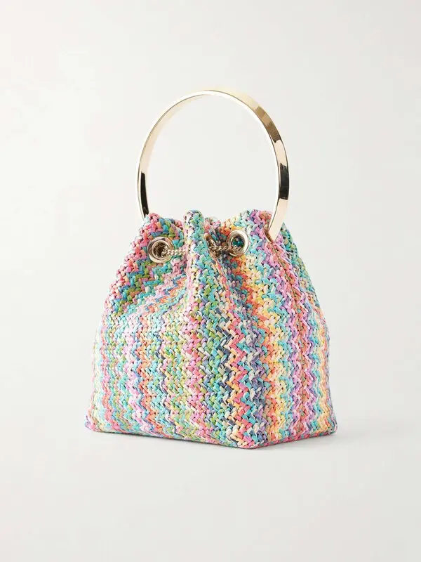 JIMMY CHOO Bon Bon Striped Woven Raffia Bucket Bag