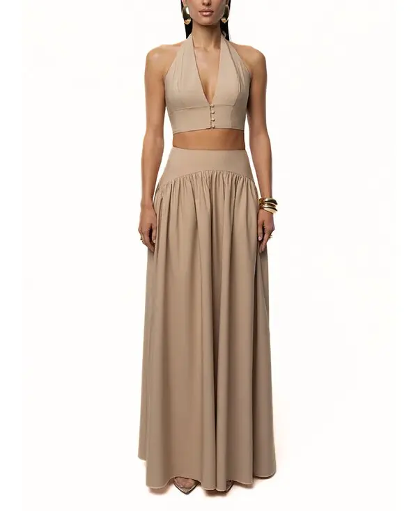 JLUXLABEL Haven Skirt Set Sleeveless Halter Top & Maxi Skirt - Tan
