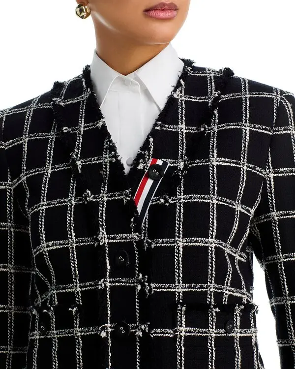 Thom Browne Windowpane Houndstooth Tweed V Neck Cardigan Jacket