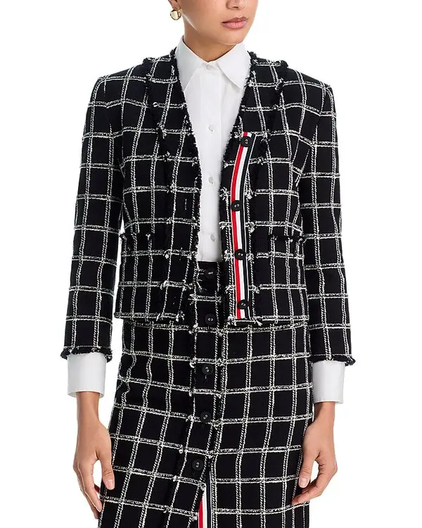 Thom Browne Windowpane Houndstooth Tweed V Neck Cardigan Jacket - Black