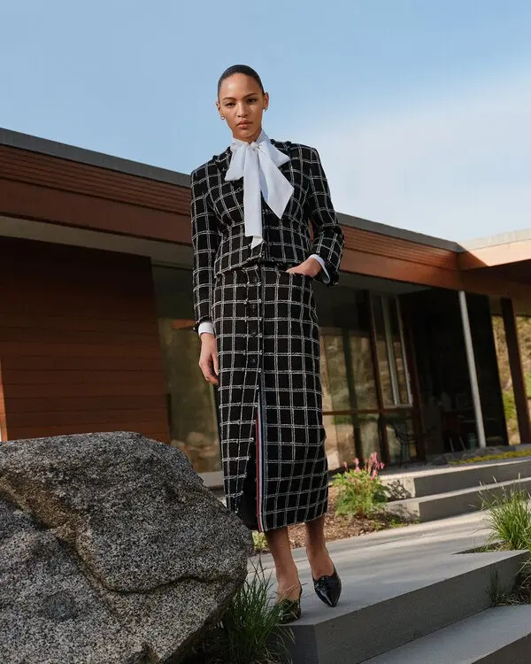 Thom Browne Windowpane Houndstooth Tweed V Neck Cardigan Jacket
