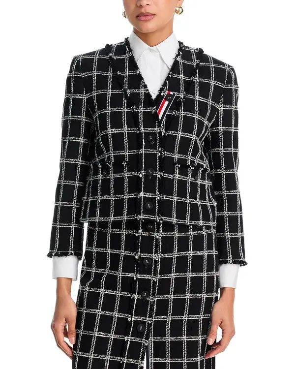 Thom Browne Windowpane Houndstooth Tweed V Neck Cardigan Jacket