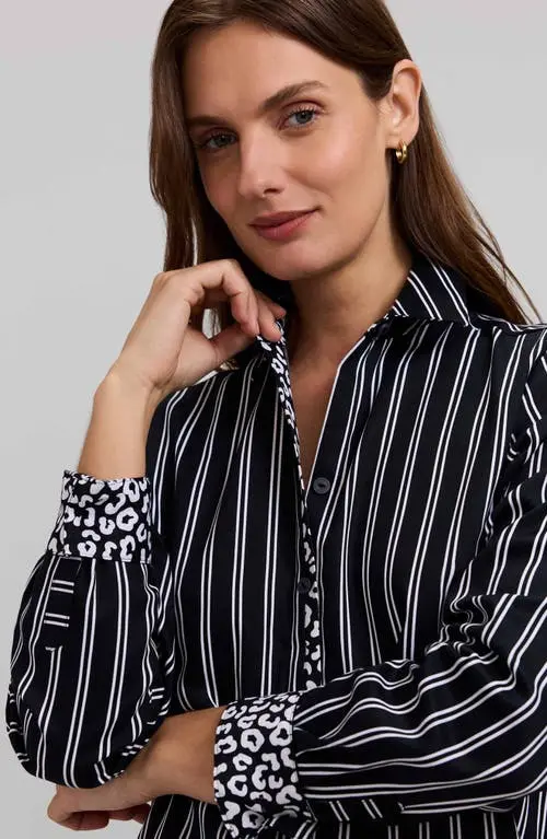 Foxcroft Charlie Striped Cotton Shirt With Animal Print Trim - Black/white