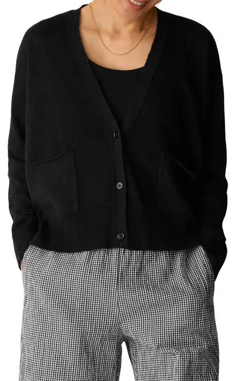 Eileen Fisher Organic Linen & Cotton V-neck Cardigan - Black