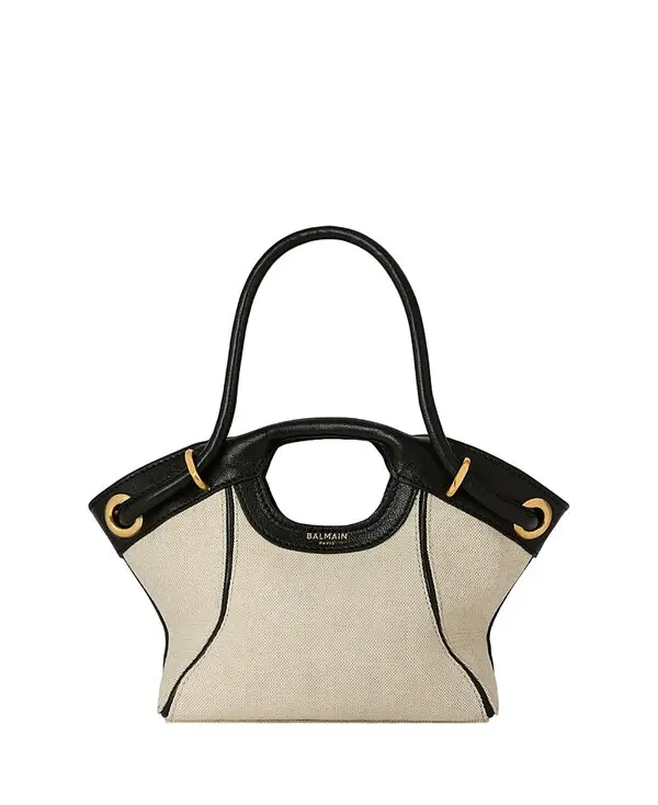 Balmain Small Tote In Smooth Leather And Canvas
