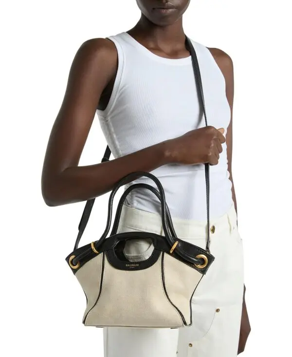 Balmain Small Tote In Smooth Leather And Canvas - Beige