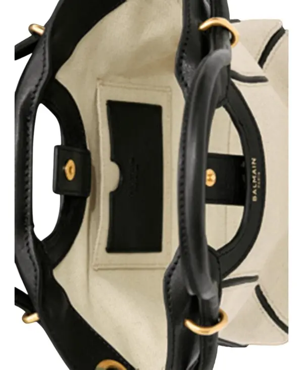 Balmain Small Tote In Smooth Leather And Canvas - Beige