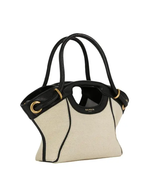Balmain Small Tote In Smooth Leather And Canvas - Beige
