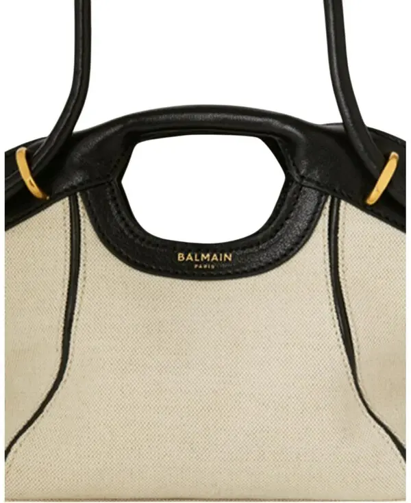 Balmain Small Tote In Smooth Leather And Canvas - Beige