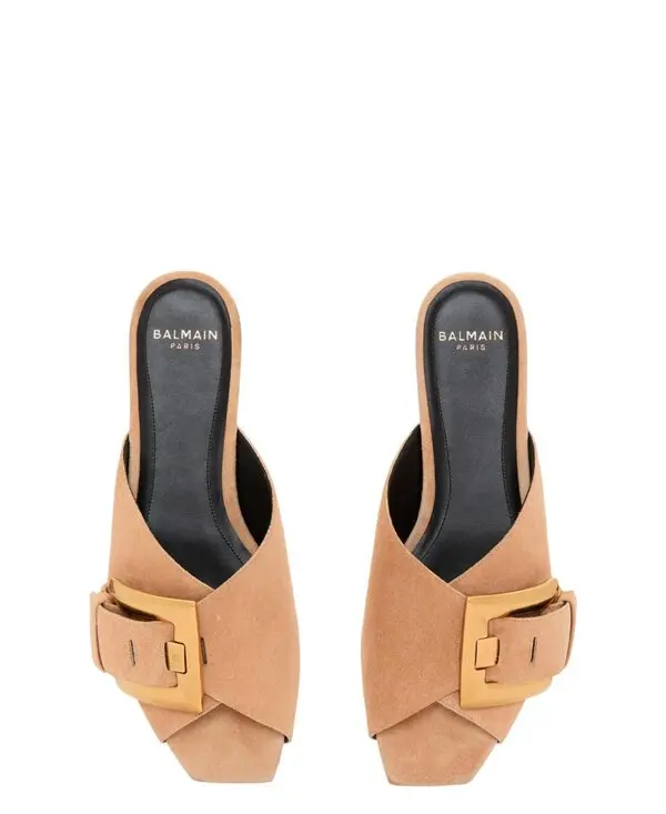 Balmain Flat Suede Leather Anthem Mules