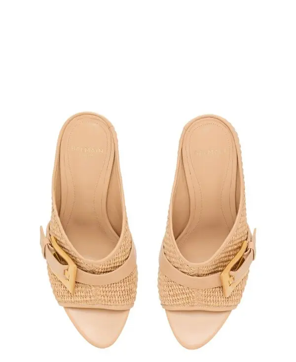 Balmain Anthem No Wedge Mules In Smooth Leather And Raffia