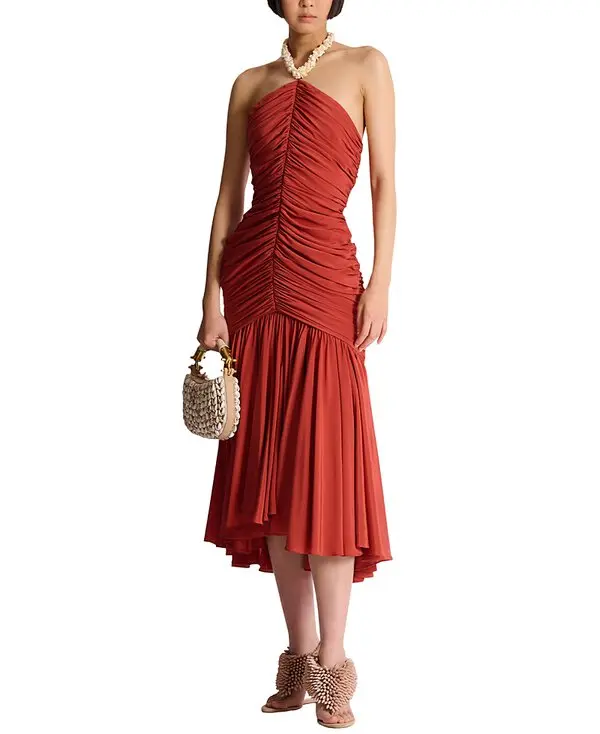 Balmain Halterneck Ruched Midi Dress