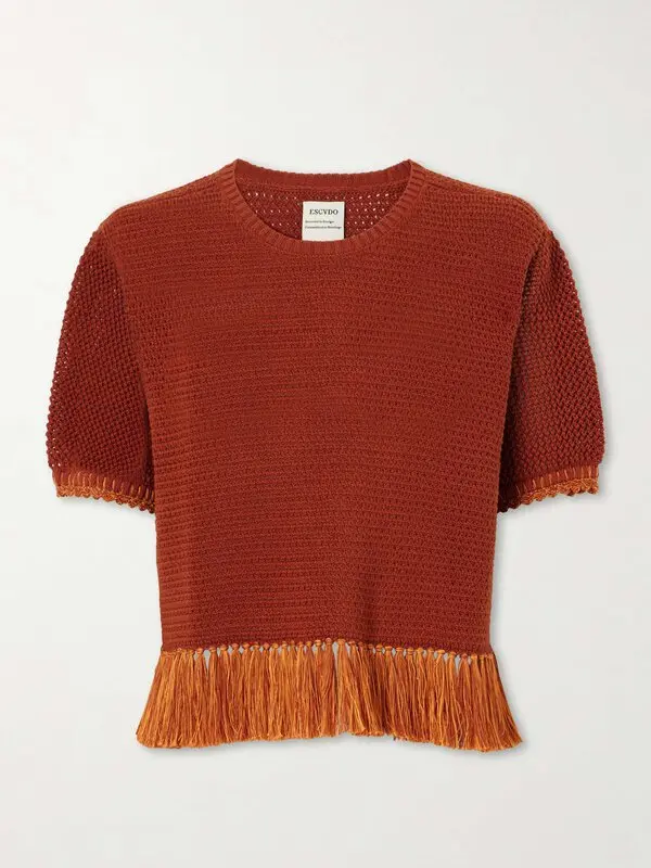 Escvdo Amada Fringed Crocheted Cotton T-shirt - Brick