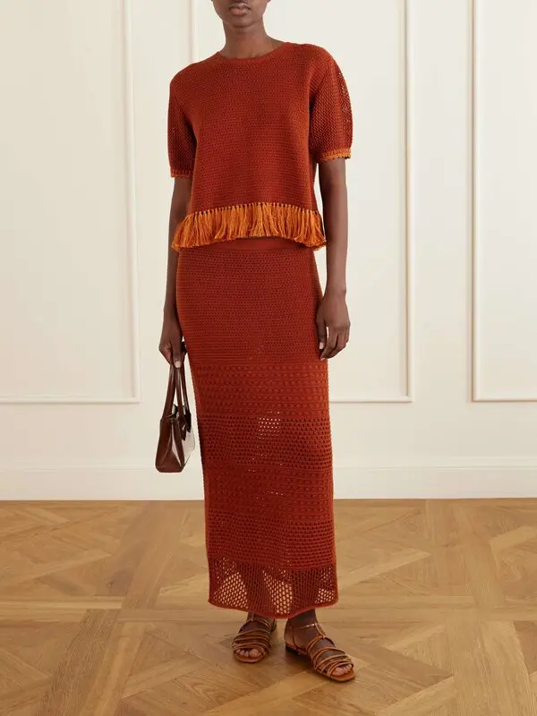 Escvdo Amada Crocheted Cotton T-shirt With Fringe Detail - Brick