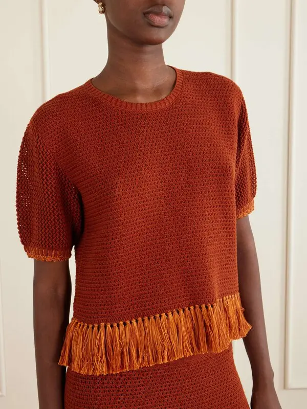 Escvdo Amada Crocheted Cotton T-shirt With Fringe Detail - Brick