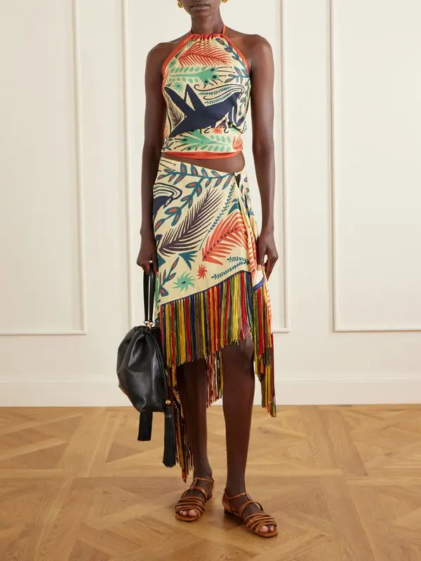 Etro Asymmetric Fringed Printed Silk Mini Skirt - Neutrals