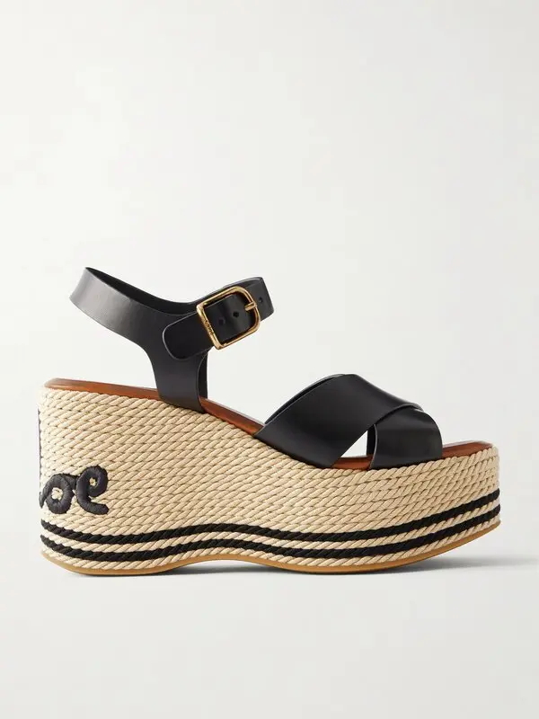 Chloé Logo Embroidered Leather Platform Sandals - Black