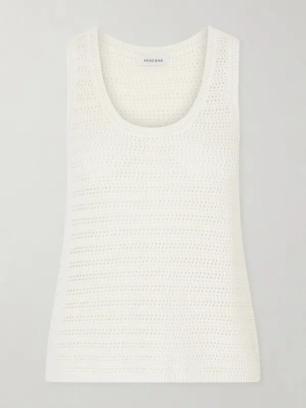 ANINE BING Arie Open-knit Cotton-blend Tank - Neutrals
