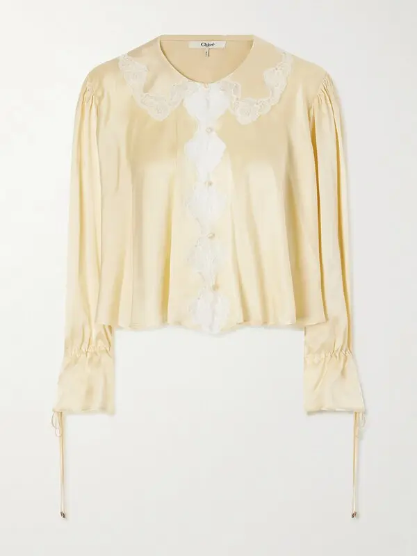 Chloé Cropped Lace-trimmed Silk-satin Blouse - Yellow