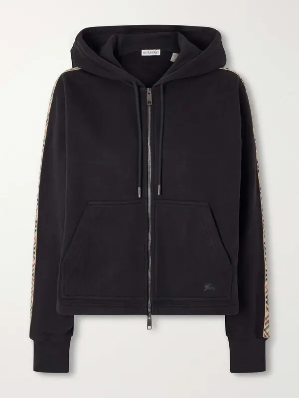 Burberry Checked Cotton-jersey Zip-up Hoodie - Black