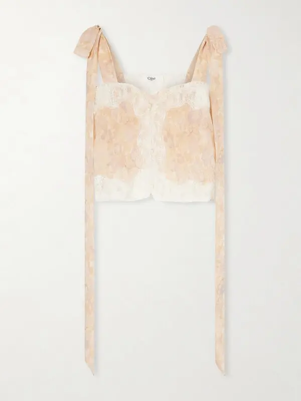 Chloé Cropped Floral-print Silk-charmeuse Top With Lace Trim And Bow Detail - Pink