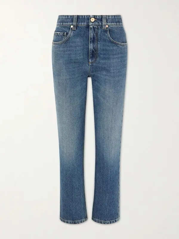 Brunello Cucinelli Cropped Embellished Straight-leg Jeans - Blue