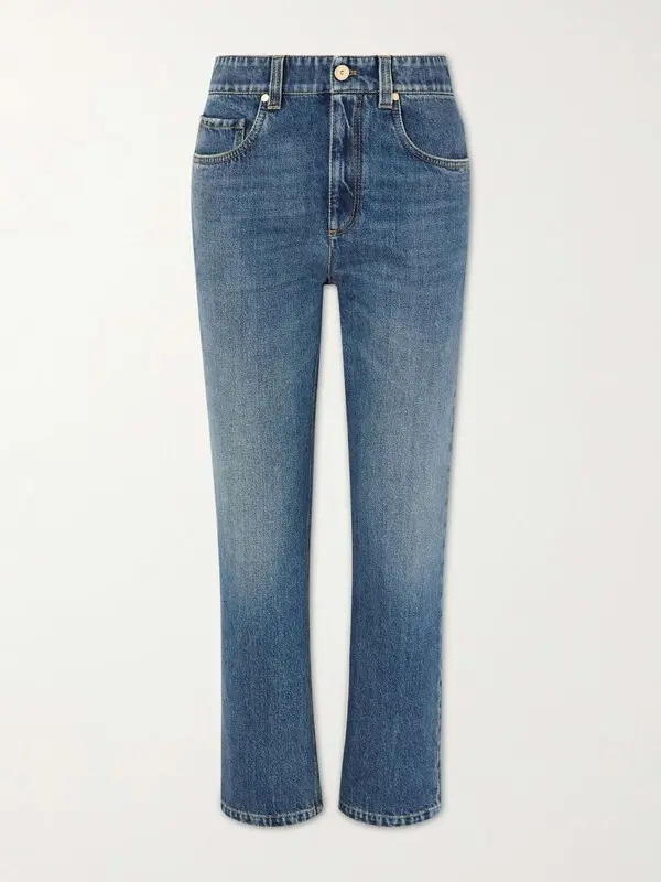 Brunello Cucinelli Cropped Bead-embellished Straight-leg Jeans - Light Denim