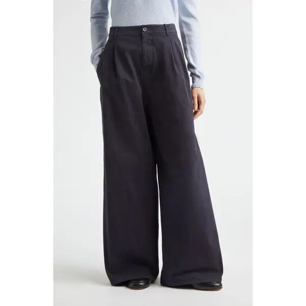 JIL SANDER Pleated Cotton Drill Wide Leg Pants - Midnight