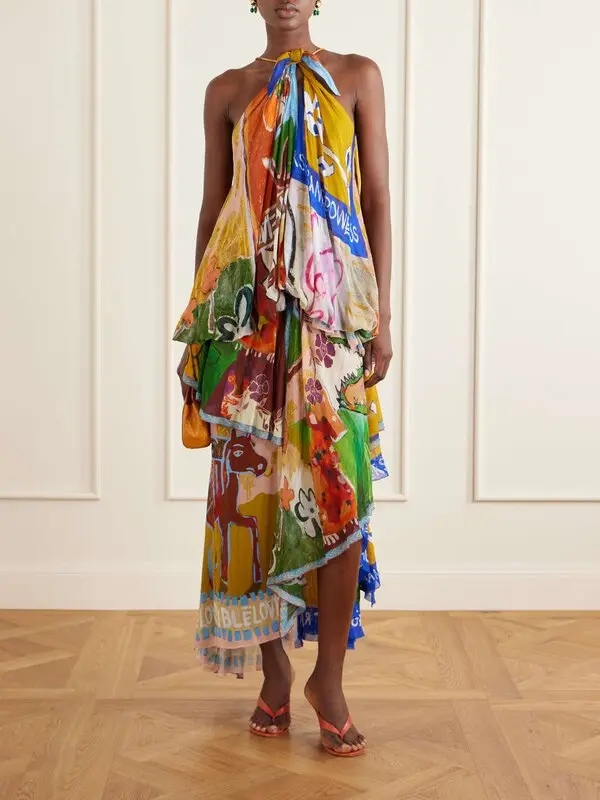 ALEMAIS Mlak Draped Printed Organza Halterneck Midi Dress