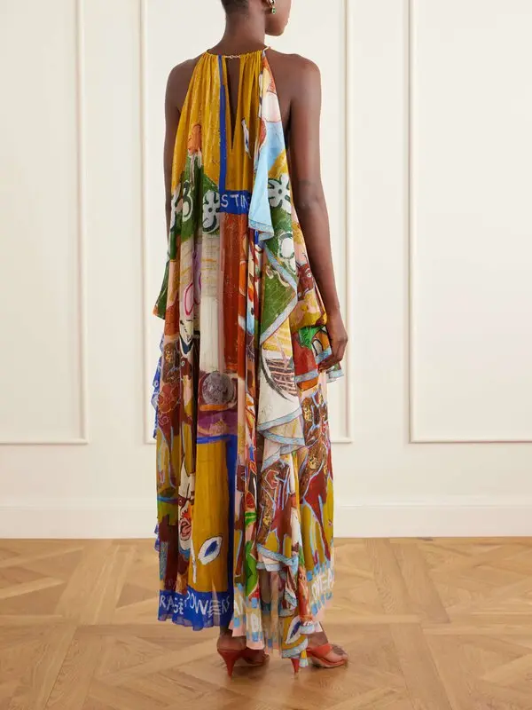 ALEMAIS Mlak Draped Printed Organza Halterneck Midi Dress