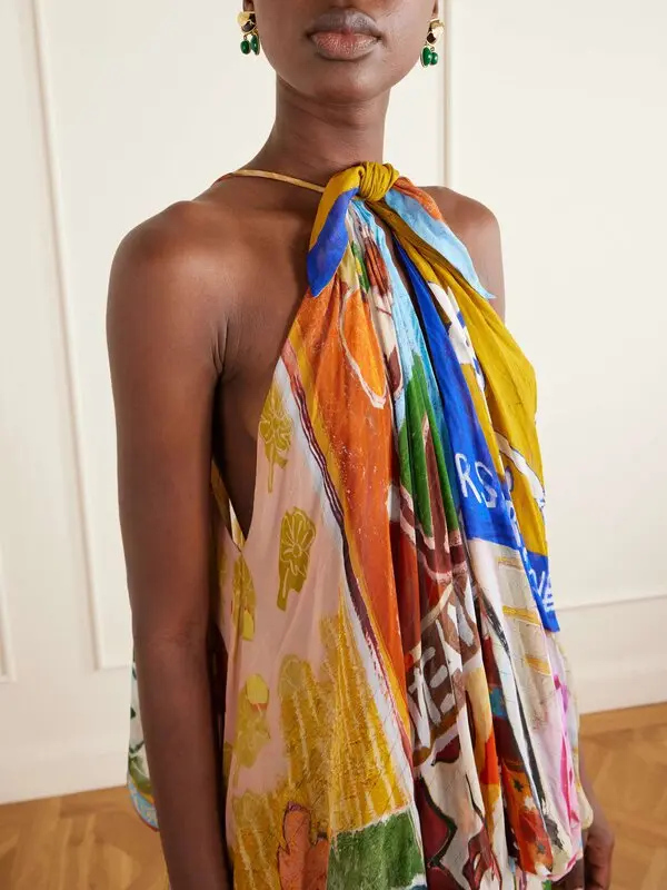 ALEMAIS Mlak Draped Printed Organza Halterneck Midi Dress
