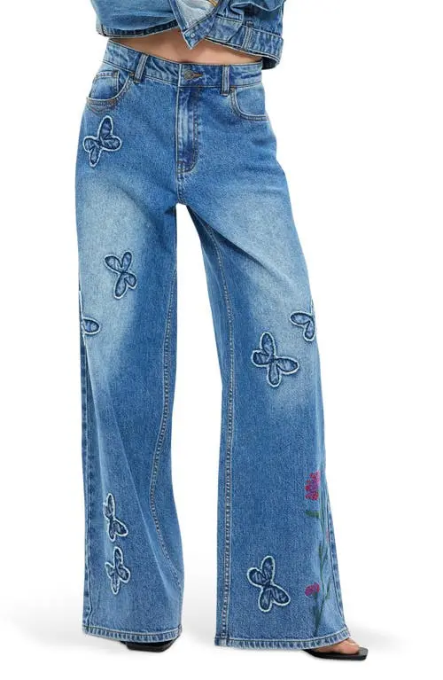 Desigual Floral Embroidered Butterfly Appliqué Wide Leg Jeans - Medium Blue