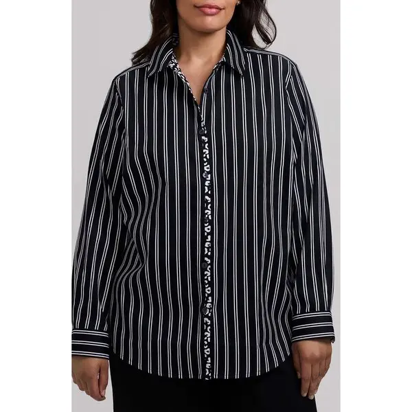 Foxcroft Charlie Striped Cotton Shirt With Animal Print Trim - Black/white