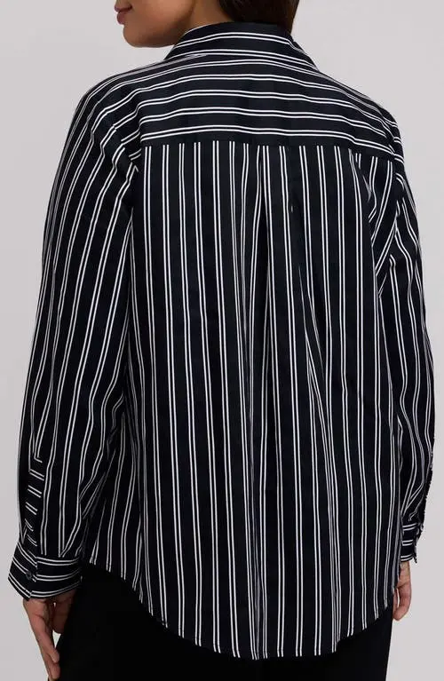 Foxcroft Charlie Striped Cotton Shirt With Animal Print Trim - Black/white