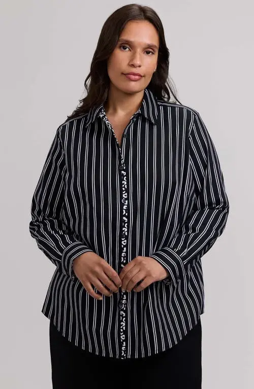 Foxcroft Charlie Striped Cotton Shirt With Animal Print Trim - Black/white