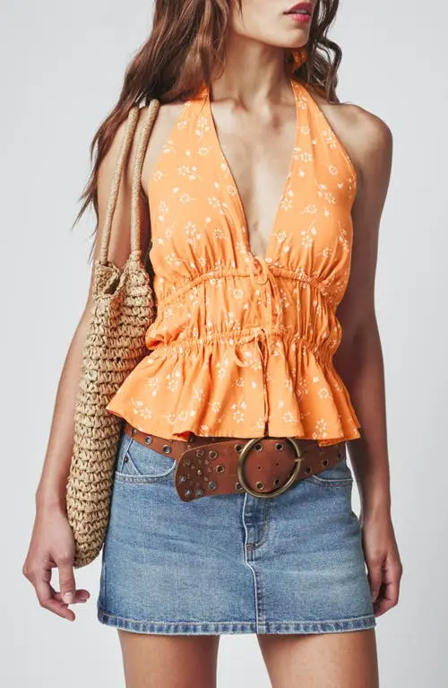 FLORENCE BY MILLS Floral Print Halter Neck Peplum Top - Apricot