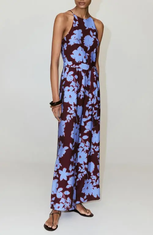Mango Print Belted Sleeveless Jumpsuit - Medium Blue