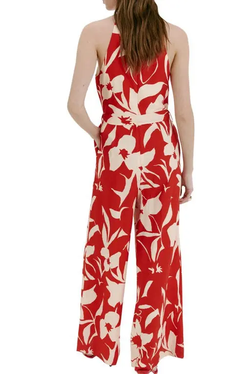 Mango Print Belted Sleeveless Jumpsuit - Red