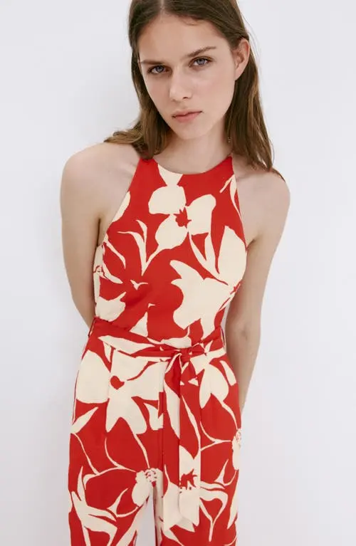 Mango Print Belted Sleeveless Jumpsuit - Red