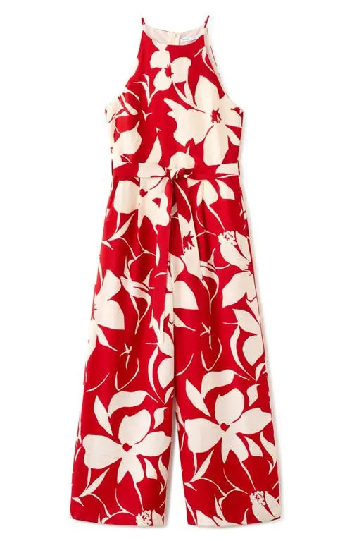 Mango Print Belted Sleeveless Jumpsuit - Red