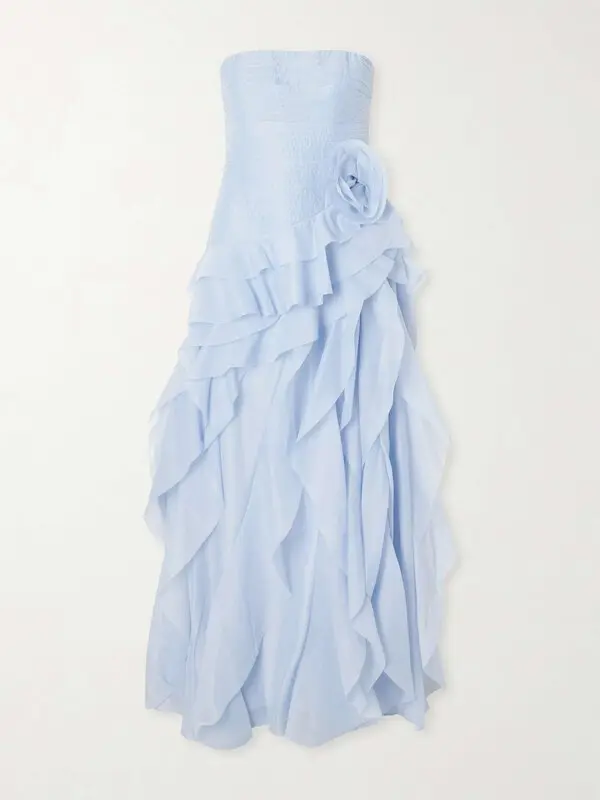 Aje Canyon Strapless Appliquéd Ruffled Pleated Chiffon Gown