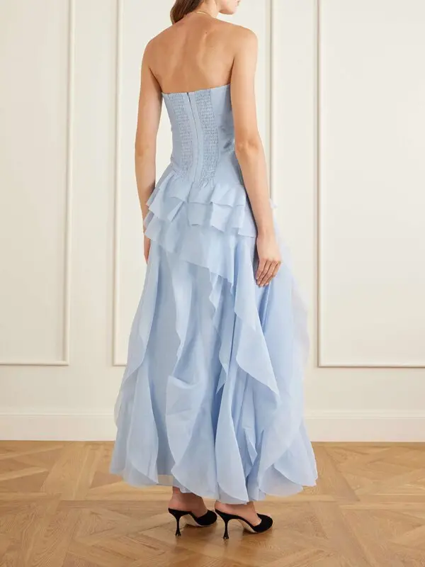 Aje Canyon Strapless Appliquéd Ruffled Pleated Chiffon Gown
