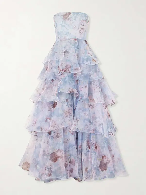 Aje Gabrielle Strapless Tiered Ruffled Floral-print Linen-blend Organza Gown - Violet