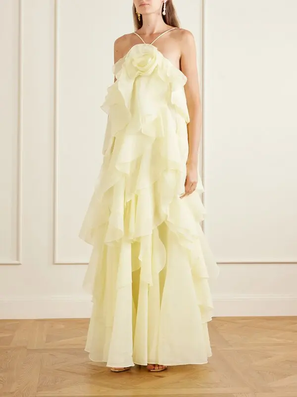 Aje Pandorea" Appliquéd Ruffled Organza Gown - Yellow
