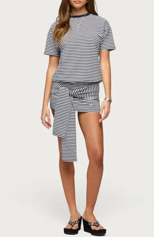 EDIKTED Ardeney Stripe Tie Waist T-shirt Minidress - Navy