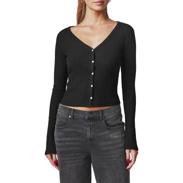 FLORENCE BY MILLS Ribbed Cropped Henley Cardigan - Black