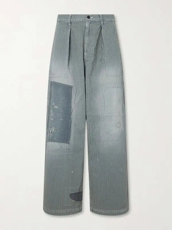 Kapital Liberty Hicoree Fatigue Wide-leg Striped Distressed Patchwork Cotton-twill Trousers - Blue